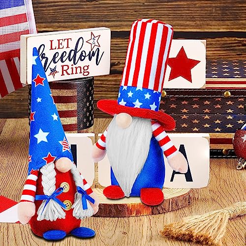 2PCS 4th of July Gnome Patriotic Gnomes Plush Independece Gnomes Decorations Couple Handmade Swedish Tomte Gnomes Ornaments for Patriotic Party Table Decoration Tiered Tray Decorations Fireplace Decor