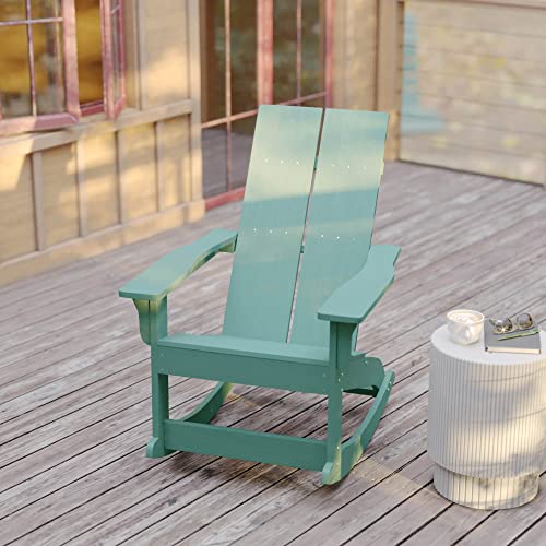 Flash Furniture Finn Modern Commercial Grade Poly Resin Wood Adirondack Rocking Chair - All Weather Sea Foam Polystyrene - Dual Slat Back - Stainless Steel Hardware