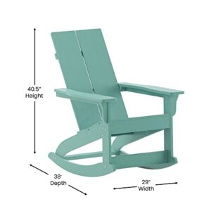 Flash Furniture Finn Modern Commercial Grade Poly Resin Wood Adirondack Rocking Chair - All Weather Sea Foam Polystyrene - Dual Slat Back - Stainless Steel Hardware