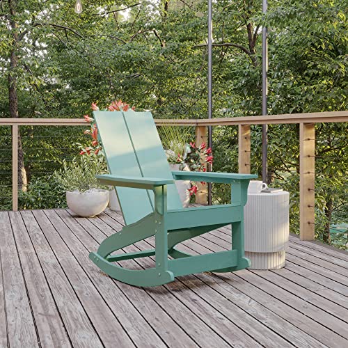 Flash Furniture Finn Modern Commercial Grade Poly Resin Wood Adirondack Rocking Chair - All Weather Sea Foam Polystyrene - Dual Slat Back - Stainless Steel Hardware