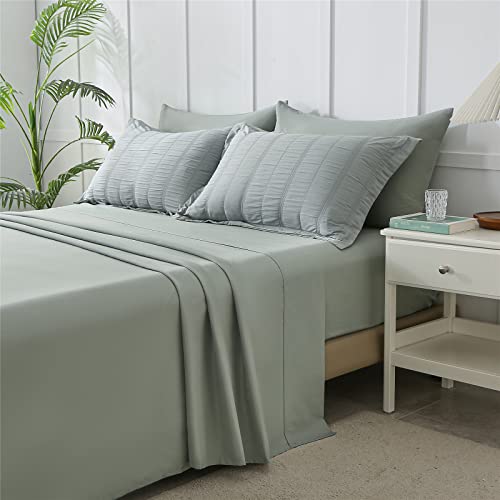 KAKIJUMN Sage Green Comforter Set Full Size, 7 Piece Bed in a Bag Seersucker Comforter and Sheet Set, All Season Soft Microfiber Complete Bedding Set(Green,Full)