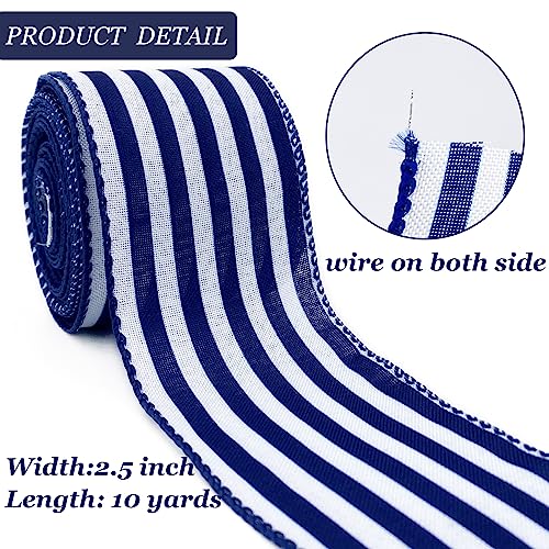 Leecogo Ribbon Wired,2 1/2”x10 Yard,Navy Blue White Stripe Ribbon for Easter, Christmas,Independence Day, Wreath, Spring, Summer, Wedding, Baby Shower, Birthday