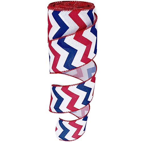 Leecogo Ribbon Wired,2 1/2”x10 Yard,Red Blue White Waves Ribbon for Easter,Independence Day,Christmas,Wreath,Spring,Summer,Wedding,Baby Shower,Birthday