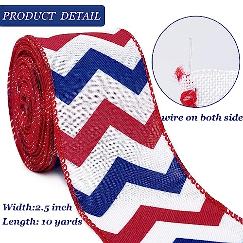 Leecogo Ribbon Wired,2 1/2”x10 Yard,Red Blue White Waves Ribbon for Easter,Independence Day,Christmas,Wreath,Spring,Summer,Wedding,Baby Shower,Birthday