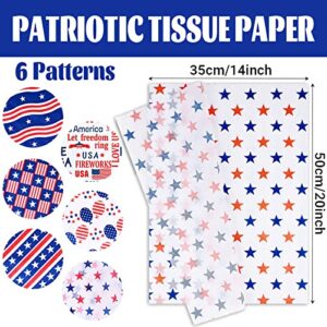 Bolsome 90 Sheets 20*14in Patriotic Tissue Paper for Gift Wrapping, Veterans Day Tissue Paper for Gift Bags Blue White Red Star Striped USA Wrap Tissue for Independence Day 4th of July Party DIY Craft