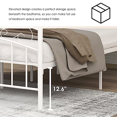 AUFANK Queen Size Canopy Bed Frame Four-Poster Metal Platform Bed with Headboard and Footboard Sturdy Heavy Duty Steel Slat Support No Box Spring Needed White