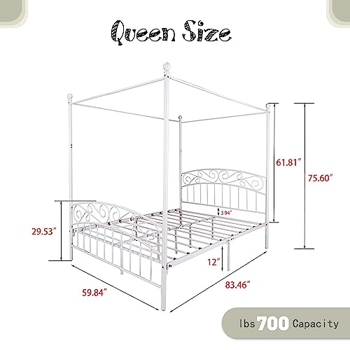 AUFANK Queen Size Canopy Bed Frame Four-Poster Metal Platform Bed with Headboard and Footboard Sturdy Heavy Duty Steel Slat Support No Box Spring Needed White