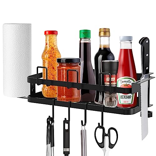 Bizzoelife Griddle Caddy for Fire Pit Utensils Condiment, Grill Accessories with Paper Towel Holder, BBQ Caddy with Holders and J-hooks for Cups, Scissors, Turners, Easy Install, Space Saving, Black