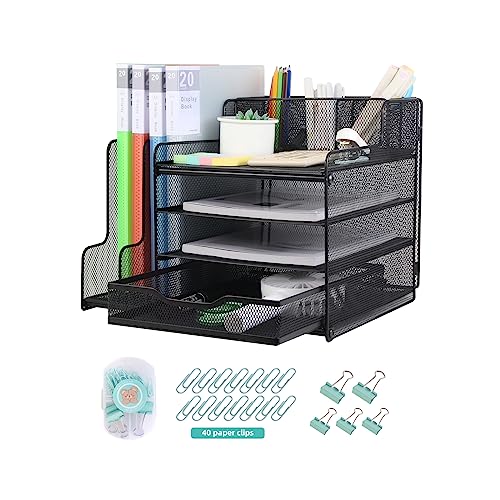 Tisediwer 4 Trays Paper Organizer Letter Tray, 4 Tier Paper Letter Office Desk Organizer with Upright File Holder, About 40 Paper Clips, 5 Binder Clips