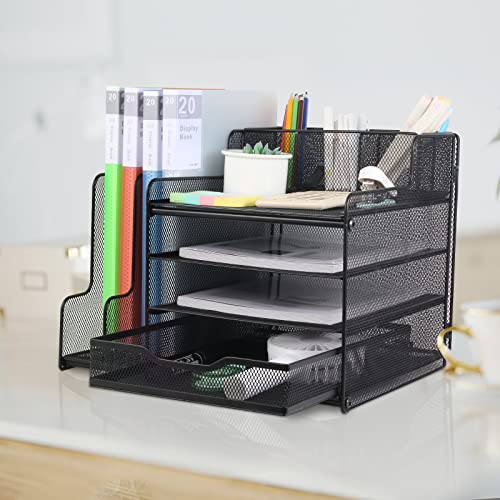 Tisediwer 4 Trays Paper Organizer Letter Tray, 4 Tier Paper Letter Office Desk Organizer with Upright File Holder, About 40 Paper Clips, 5 Binder Clips