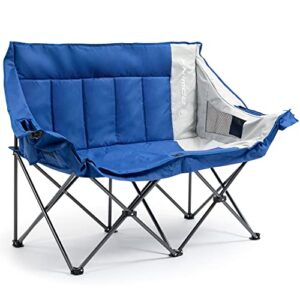 dowinx double caming chair portable folding outdoor loveseat with side pockets, lawn chair camping couchfor beach/outdoor/patio, padded seats & armrests supports up to 440lbs, blue…