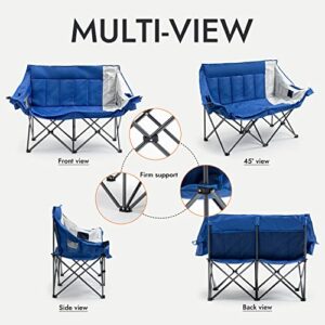 Dowinx Double Caming Chair Portable Folding Outdoor Loveseat with Side Pockets, Lawn Chair Camping Couchfor Beach/Outdoor/Patio, Padded Seats & Armrests Supports up to 440lbs, Blue…