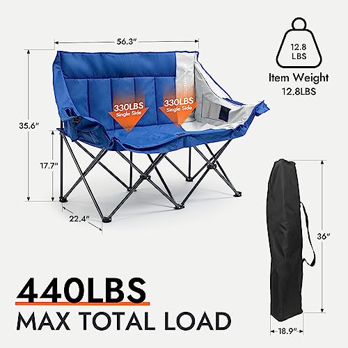 Dowinx Double Caming Chair Portable Folding Outdoor Loveseat with Side Pockets, Lawn Chair Camping Couchfor Beach/Outdoor/Patio, Padded Seats & Armrests Supports up to 440lbs, Blue…