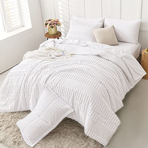 OARAGE White Full Size Comforter Sets with Sheets- Tufted Bedding Sets Full 7 Pieces,Shabby Chic Pom Pom Boho Comforter Bedding Set,Soft Microfiber Bed in a Bag for All Seasons