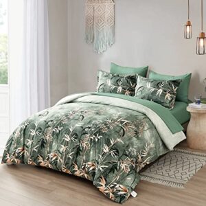 dinjoy botanical comforter set queen 7 pieces bed in a bag dark green bamboo leaves comforter set soft microfiber queen green omber comforter with sheet (7 pcs queen comforter,green)