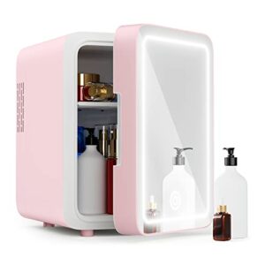 easy-take skincare fridge - mini fridge with dimmable led mirror (4 liter/6 can), cooler and warmer, for refrigerating makeup, skincare and food, mini fridge for bedroom, office and car, pink