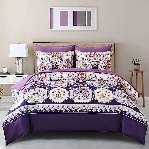 DJY Purple Comforter Set Queen, 7 Piece Bed in a Bag Boho Paisley Floral Comforter Set with Sheets Soft Microfiber Complete Bedding Set for All Season