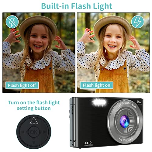 Saneen Digital Camera, FHD 2.7K Cameras for Photography, 44MP Kids Camera Small Compact Digital Camera for Teens, Adults & Beginners with 32GB SD Card, 16X Zoom, Two Rechargeable Batteries-Black