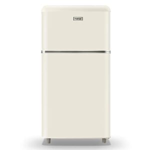 wanai mini fridge dual door refrigerator with freezer, compact refrigerator with adjustable temperature & removable glass shelves, fridge for apartment/dorm/office/kitchen, energy saving white