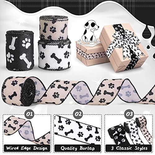 Waydress 3 Rolls 20 Yards Dog Paw Print Wired Edge Ribbon Burlap Craft Ribbons Gift Wrapping Ribbon Dog Paw Print Ornaments Fabric Ribbons for Christmas Home Party Wreath DIY Craft Bouquet Decoration