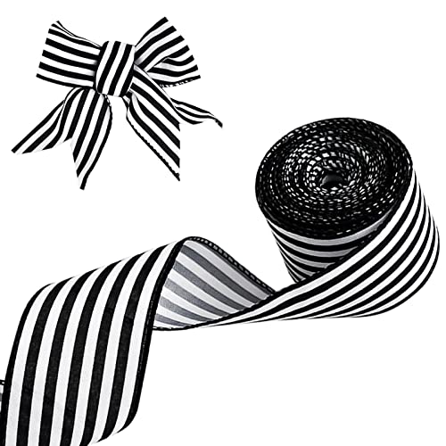 MuRealy Ribbon for Crafts Wired - Black and White Striped Polyester Wired Ribbon, 10 Yards 2.5 Inch Wired Ribbon, Christmas Ribbon Wired, Craft Ribbon for DIY Packaging, Wreath and Bow Decorative