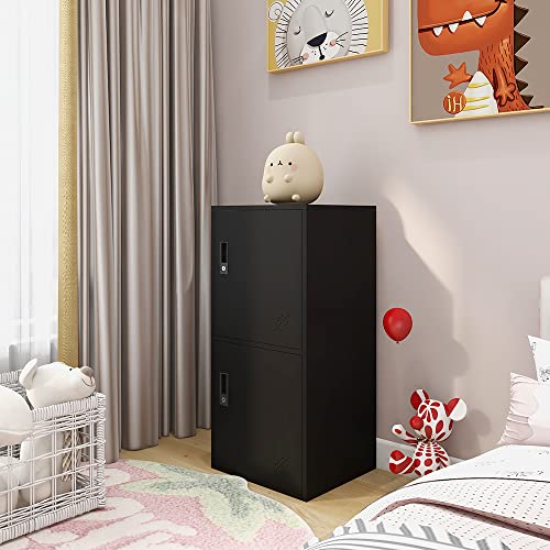 2 Door Metal Vertical Storage Locker for Kids Bedroom, Children Room, School, Office, Home ,Stackable Steel Storage Cabinet for Toys, Clothes & Sports Equipment,Anti-falling Device. (2D, black)