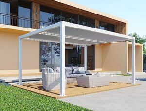 purple leaf outdoor louvered pergola 12'x16' aluminum gazebo modern white pergola shade with adjustable rainproof hardtop for patio garden lawns