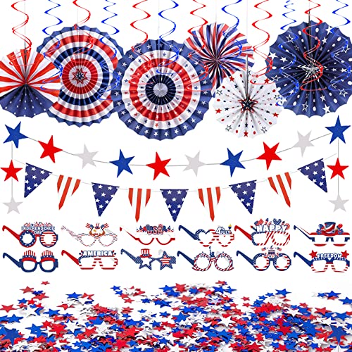 33PCS 4th/Fourth of July Patriotic Decorations Set, Red White Blue Paper Fans and American Flag Glasses, USA Flag Pennant, Star Streamer, Confetti,Hanging Swirls,Photo Booth Props Party Decor Supplies