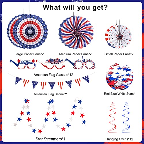 33PCS 4th/Fourth of July Patriotic Decorations Set, Red White Blue Paper Fans and American Flag Glasses, USA Flag Pennant, Star Streamer, Confetti,Hanging Swirls,Photo Booth Props Party Decor Supplies