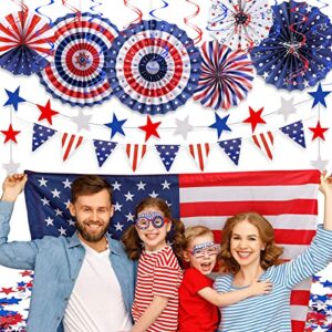 33PCS 4th/Fourth of July Patriotic Decorations Set, Red White Blue Paper Fans and American Flag Glasses, USA Flag Pennant, Star Streamer, Confetti,Hanging Swirls,Photo Booth Props Party Decor Supplies