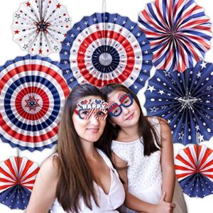 33PCS 4th/Fourth of July Patriotic Decorations Set, Red White Blue Paper Fans and American Flag Glasses, USA Flag Pennant, Star Streamer, Confetti,Hanging Swirls,Photo Booth Props Party Decor Supplies