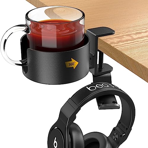 3.94'' Large Desk Cup Holder, 360° Rotating Metal Cup Holder & Under Desk Headphone Stand, Gaming Desk Anti-Spill Cup Holder Clamp for Table or Chair, Coffee Mugs, Bottles, Headset Hook