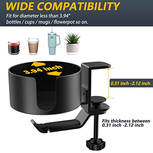 3.94'' Large Desk Cup Holder, 360° Rotating Metal Cup Holder & Under Desk Headphone Stand, Gaming Desk Anti-Spill Cup Holder Clamp for Table or Chair, Coffee Mugs, Bottles, Headset Hook