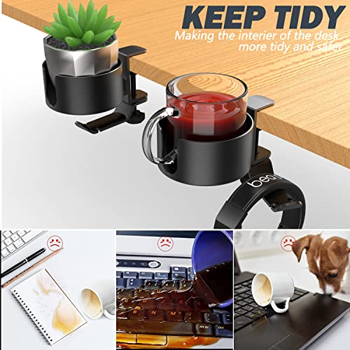 3.94'' Large Desk Cup Holder, 360° Rotating Metal Cup Holder & Under Desk Headphone Stand, Gaming Desk Anti-Spill Cup Holder Clamp for Table or Chair, Coffee Mugs, Bottles, Headset Hook