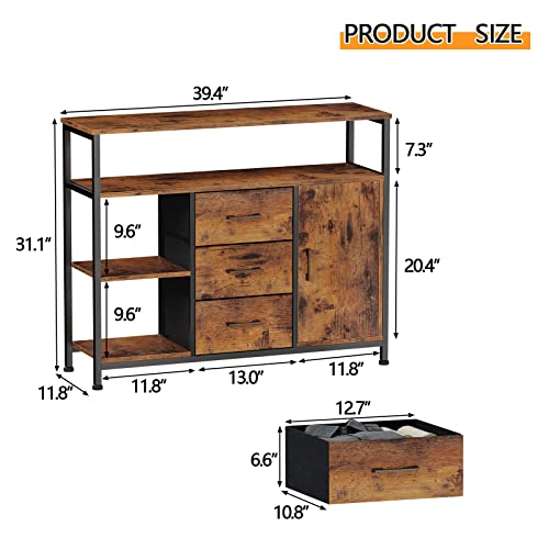 Furologee Rustic Wide Storage Cabinet with Shelf, 6 Drawer Dresser Fabric with Double Shelf for Bedroom, Living Room Entryway, Rustic Bins, Sturdy Metal Frame