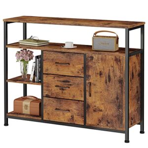 Furologee Rustic Wide Storage Cabinet with Shelf, 6 Drawer Dresser Fabric with Double Shelf for Bedroom, Living Room Entryway, Rustic Bins, Sturdy Metal Frame