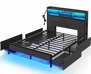 rolanstar queen bed frame with storage headboard, metal platform bed with charging station, led bed frame with 4 drawers, bookcase storage, no box spring needed, easy assembly, noise-free, black