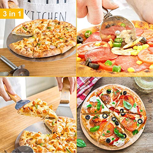 GUANGMING - Pizza Peel Round Stainless Steel, Perfect for Baking Homemade Pizza, Bread, Cakes, Biscuits, Wooden Handle Metal Shovel Spatula Peal for Baking Pizza and Cake,Silver