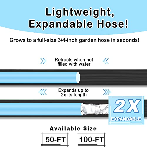 Expandable Garden Hose 100ft, 2023 Upgrade Water Hose with Lightweight Nano Rubber Fabric, 3/4" Solid Brass Fittings, No-Kink and Leak-Proof Retractable Flexible Hose with Spray Nozzle (Black&Blue)