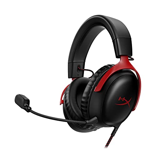 HyperX Cloud III – Wired Gaming Headset, PC, PS5, Xbox Series X|S, Angled 53mm Drivers, DTS, Memory Foam, Durable Frame, Ultra-Clear 10mm Mic, USB-C, USB-A, 3.5mm – Black/Red