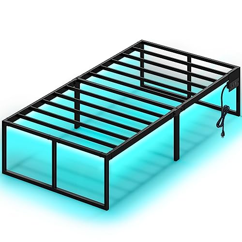 Rolanstar Bed Frame with USB Charging Station, Twin Bed Frame with LED Lights, Platform Bed Frame with Heavy Duty Steel Slats, 16" Storage Space Beneath Bed, No Box Spring Needed, Noise Free, Black