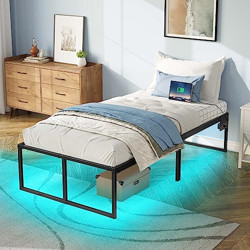 Rolanstar Bed Frame with USB Charging Station, Twin Bed Frame with LED Lights, Platform Bed Frame with Heavy Duty Steel Slats, 16" Storage Space Beneath Bed, No Box Spring Needed, Noise Free, Black