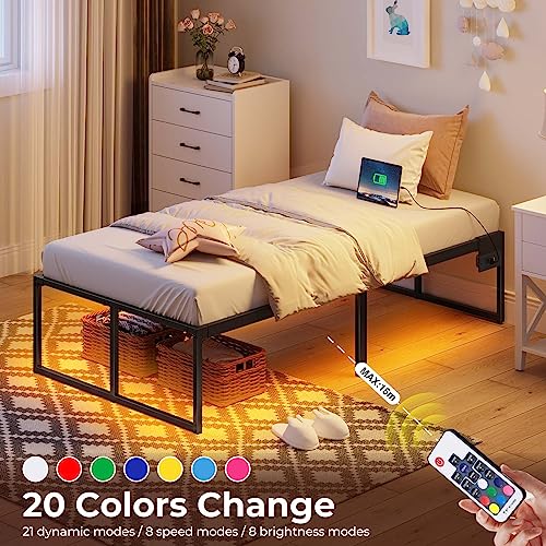 Rolanstar Bed Frame with USB Charging Station, Twin Bed Frame with LED Lights, Platform Bed Frame with Heavy Duty Steel Slats, 16" Storage Space Beneath Bed, No Box Spring Needed, Noise Free, Black