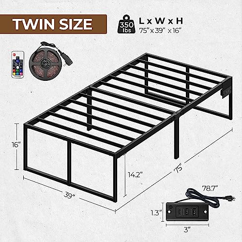 Rolanstar Bed Frame with USB Charging Station, Twin Bed Frame with LED Lights, Platform Bed Frame with Heavy Duty Steel Slats, 16" Storage Space Beneath Bed, No Box Spring Needed, Noise Free, Black