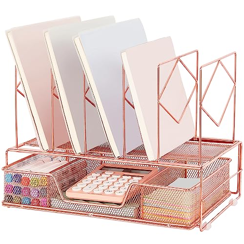 LEKETREE Rose Gold Desk Organizer with Drawers, Office Supplies for Women, Desk Organization with 5 Upright Sections, Desk Accessories & Workspace Organizers