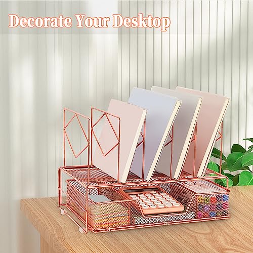 LEKETREE Rose Gold Desk Organizer with Drawers, Office Supplies for Women, Desk Organization with 5 Upright Sections, Desk Accessories & Workspace Organizers