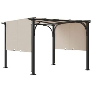 outsunny 10' x 10' patio pergola with retractable canopy and weather-resistant steel frame, backyard sun shade canopy cover shelter for porch party, garden, grill gazebo, beige