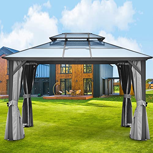 OUTMOTD 10x12 ft Polycarbonate Double Roof Gazebo with Netting and Shaded Curtains, Outdoor Gazebo 2-Tier Hardtop Galvanized Iron Aluminum Frame for Patio, Backyard, Deck and Lawns, Parties