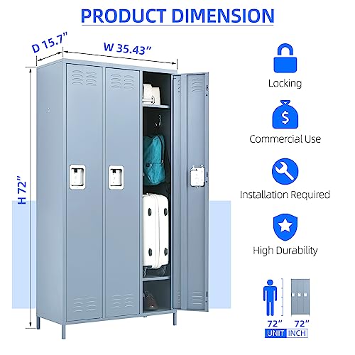 SUXXAN 3 Doors Metal Locker Combination with 6 Hooks,Industries Storage Metal Locker for School Office Gym Home Employees Staff Sundries Room W35.43*D15.7*H72(Light Grey)