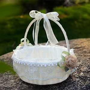 NEOITY Wedding Flower Girl Basket, White Flower Basket with Handle, Elegant Satin Flower Basket Decorated with Lace, Peals and Bows for Wedding Ceremony Party Decoration(#1)